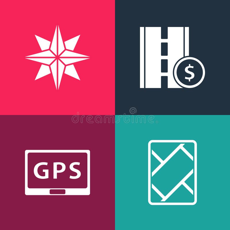 Set Pop Art Gps Device with Map, , Toll Road Traffic Sign and Wind Rose ...