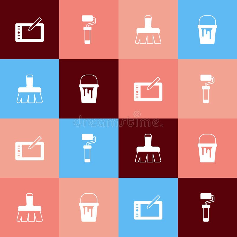 Set Pop Art Graphic Tablet, Paint Roller Brush, and Bucket Icon. Vector ...