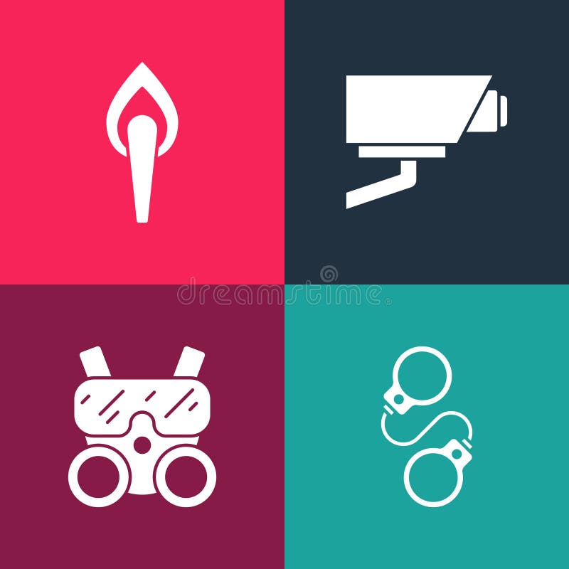 Set Pop Art Handcuffs, Gas Mask, Security Camera and Torch Flame Icon ...