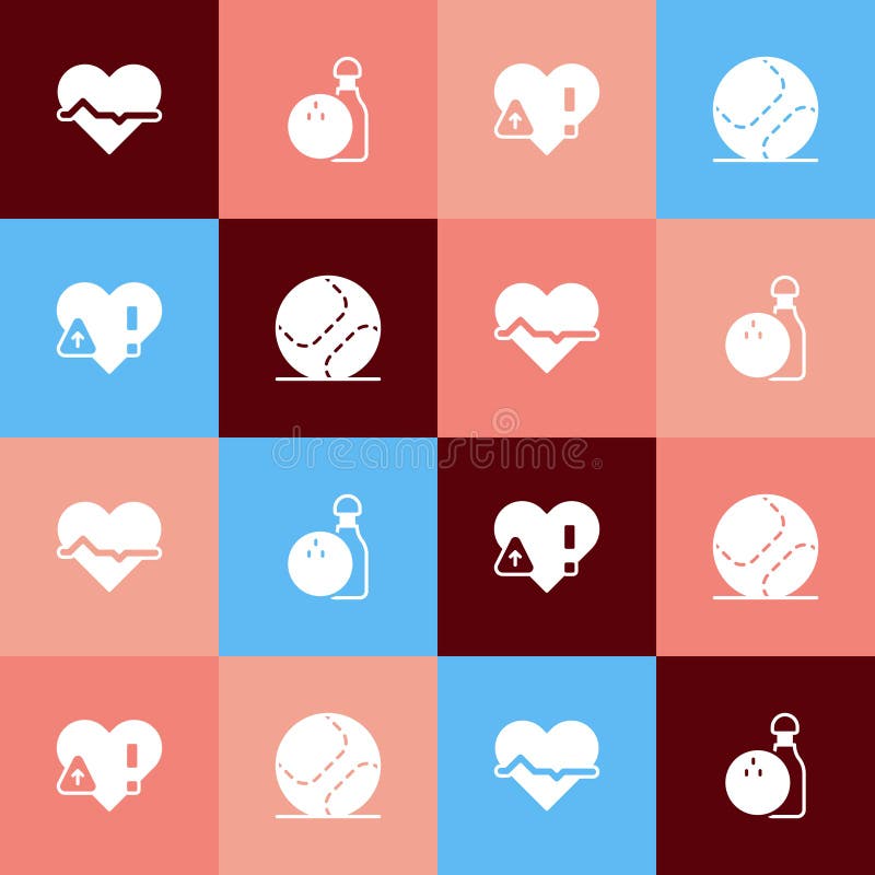 Set Pop Art Heart Rate, Bowling Pin and Ball, and Baseball Icon. Vector ...