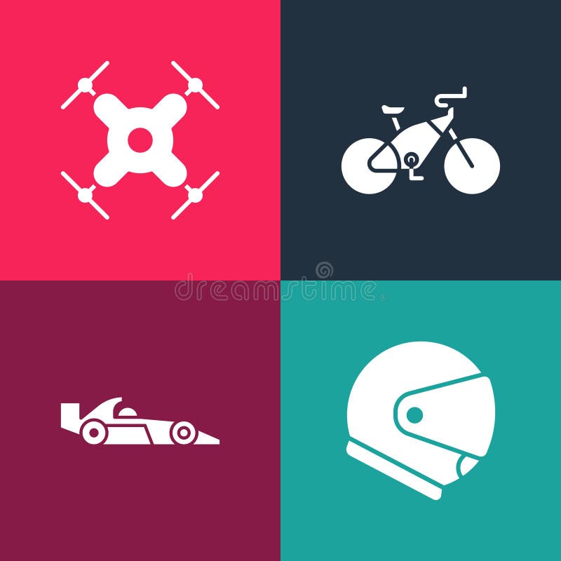 Set Pop Art Helmet, Formula 1 Racing Car, Bicycle and Drone Flying Icon ...