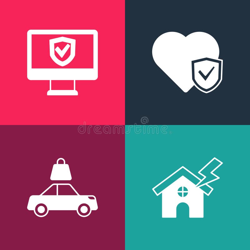 Set Pop Art House and Lightning, Car Insurance, Life with Shield and ...