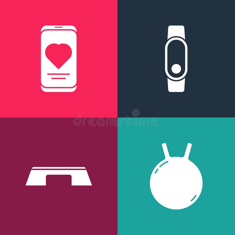 Set Pop Art Kettlebell, Step Platform, Smartwatch and Mobile with Heart ...