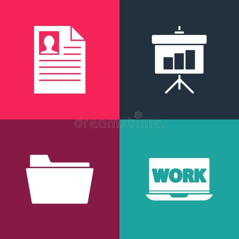 Set Pop Art Laptop with Text Work, Document Folder, Chalkboard Diagram ...