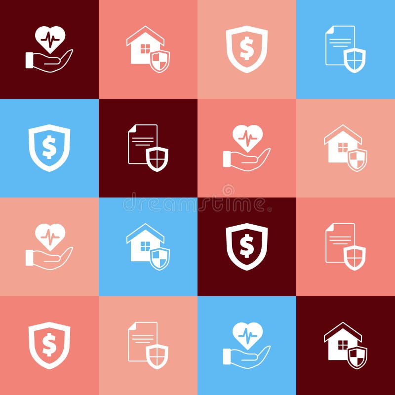 Set Pop Art Life Insurance in Hand, House with Shield, Shield Dollar ...