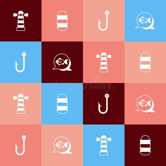 Set Pop Art Lighthouse, Fishing Net, Hook and Icon. Vector Stock Vector ...