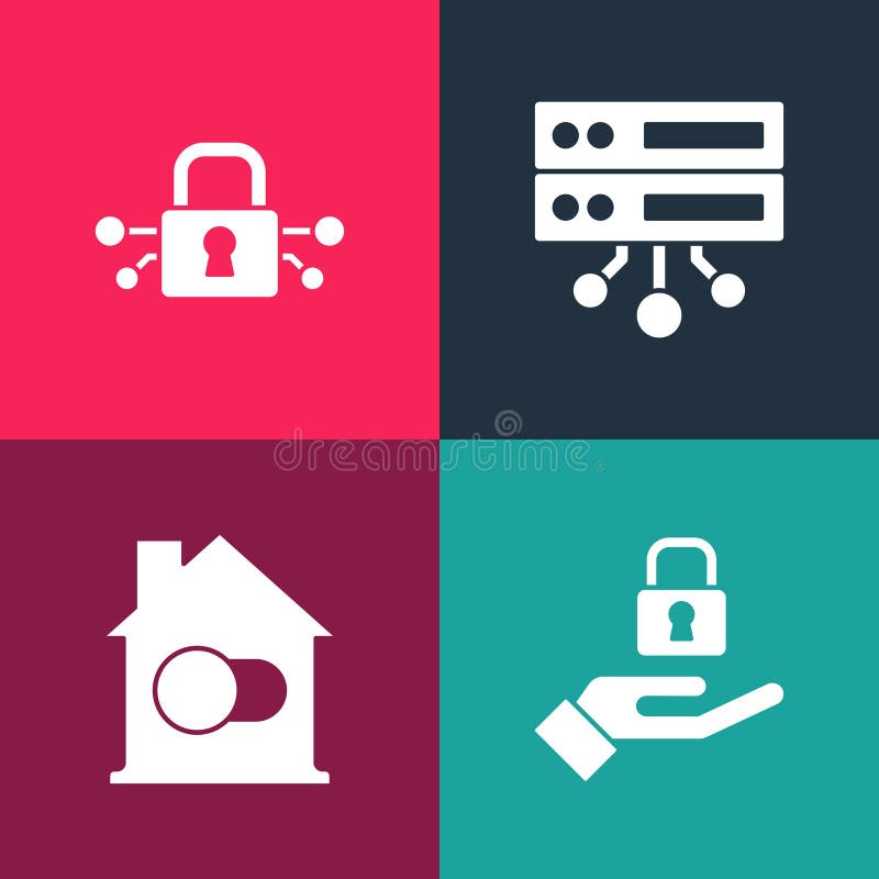 Set Pop Art Lock in Hand, Smart Home, Server, Data, Web Hosting and ...