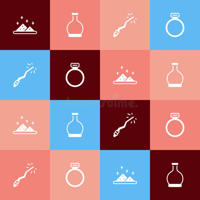 Set Pop Art Magic Powder, Bottle with Potion, Wand and Stone Ring Icon ...