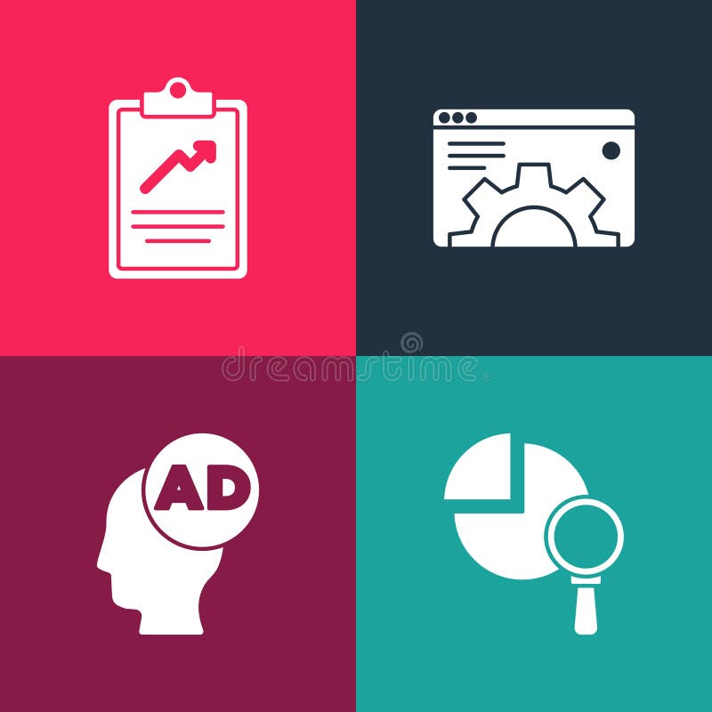 Set Pop Art Magnifying Glass and Analysis, Advertising, Browser Setting ... Set Pop Art Magnifying Glass and Analysis, Advertising, Browser Setting ...