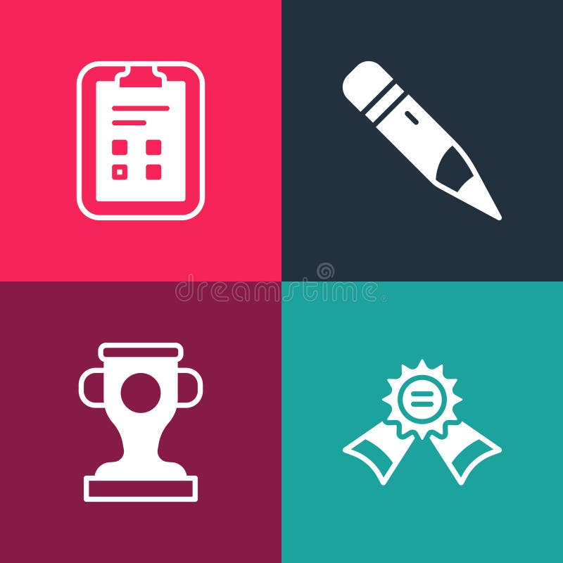 Set Pop Art Medal, Award Cup, Pencil with Eraser and Exam Sheet Check ...