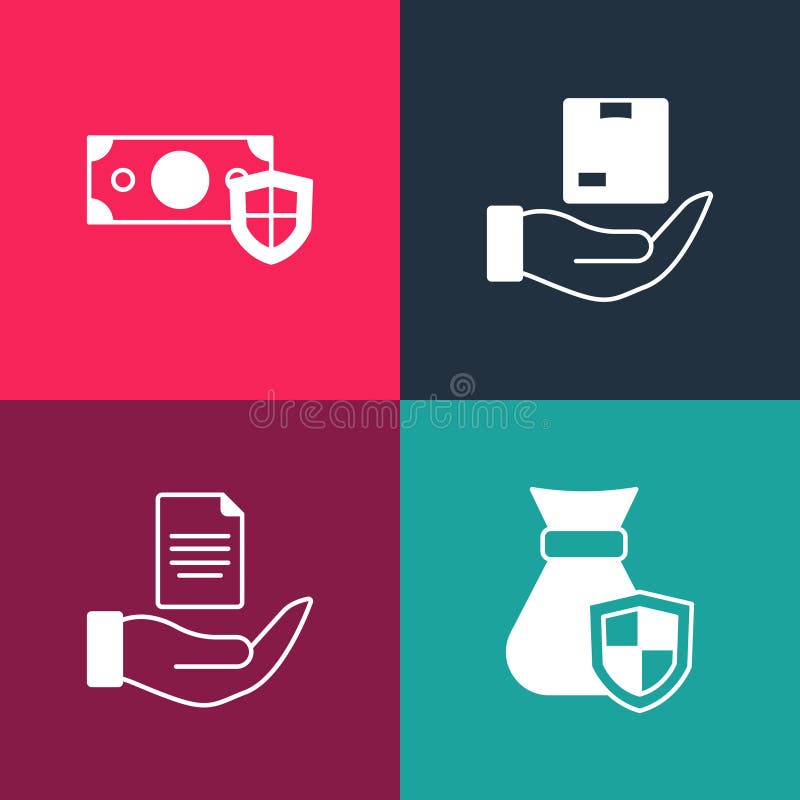 Set Pop Art Money Bag with Shield, Contract in Hand, Delivery Insurance ...