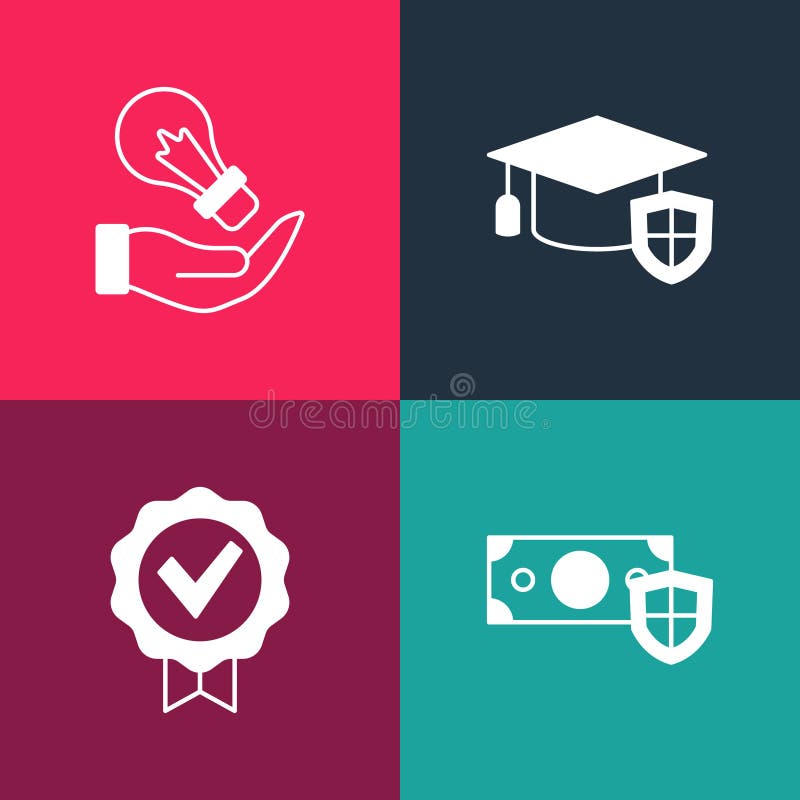 Set Pop Art Money with Shield, Approved and Check Mark, Graduation Cap ...