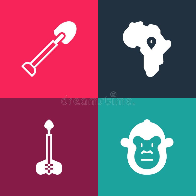 Set Pop Art Monkey, Arrow, Map of Africa and Shovel Icon. Vector Stock ...