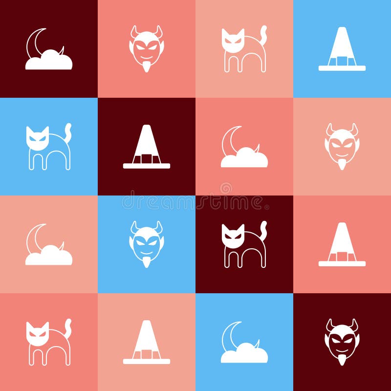 Set Pop Art Moon and Stars, Devil Head, Black Cat and Witch Hat Icon ...