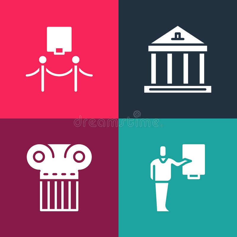 Set Pop Art Museum Guide, Ancient Column, Building and Picture and Rope ...