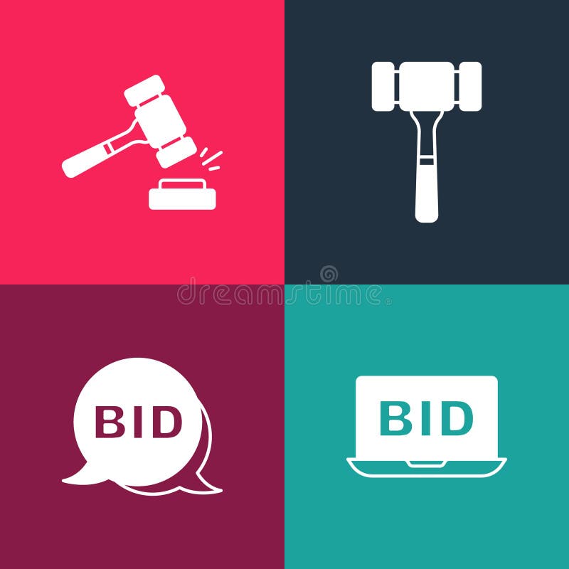 Set Pop Art Online Auction, Bid, Auction Hammer and Icon. Vector Stock ...