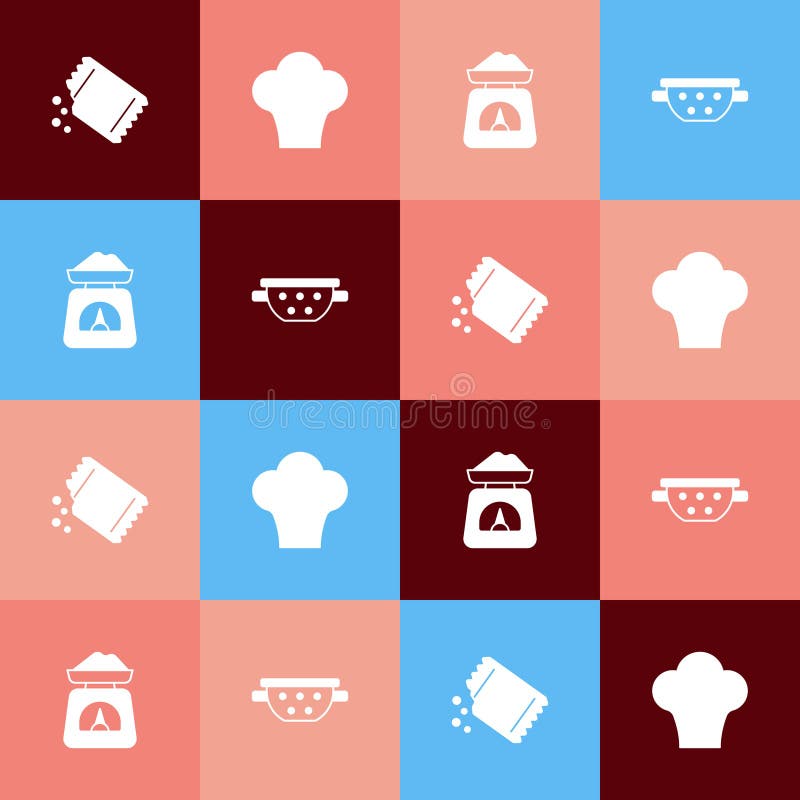 Set Pop Art Packet of Pepper, Chef Hat, Scales and Kitchen Colander ...