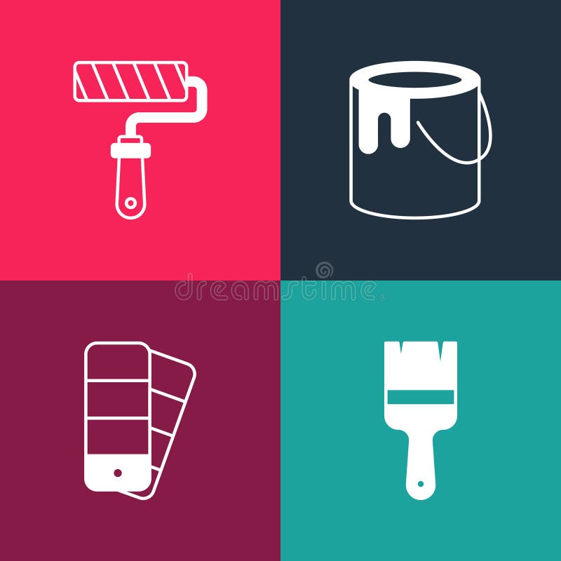 Set Pop Art Paint Brush, Color Palette Guide, Bucket and Roller Icon ...