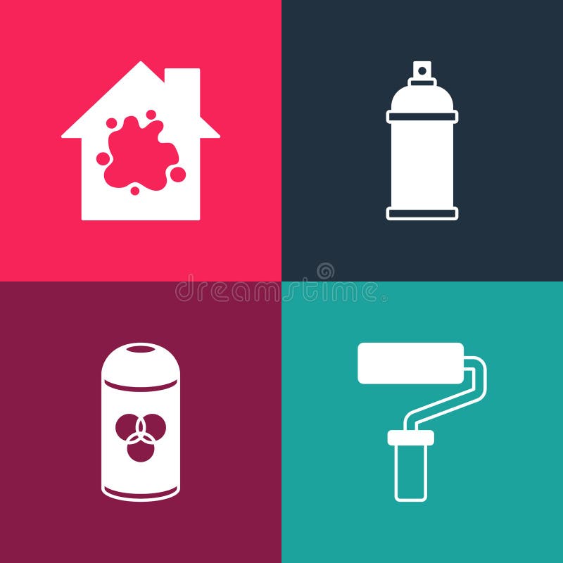 Set Pop Art Paint Roller Brush, Spray Can, and Painting the House Icon ...