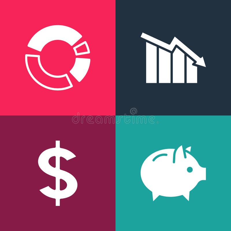 Set Pop Art Piggy Bank, Dollar Symbol, Financial Growth Decrease and ...