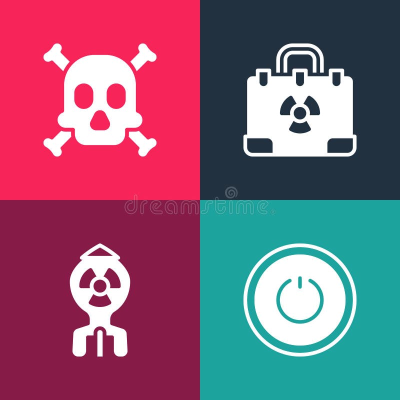 Set Pop Art Power Button, Nuclear Bomb, Radiation Nuclear Suitcase and ...