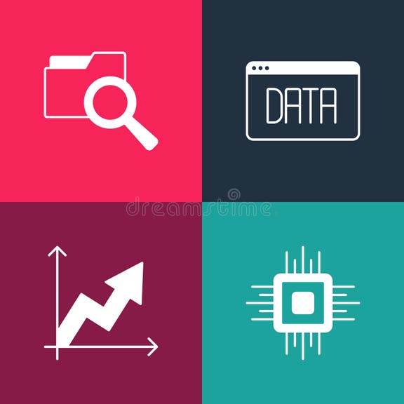 Set Pop Art Processor CPU, Financial Growth, Data Analysis and Search with Folder Icon. Vector ...