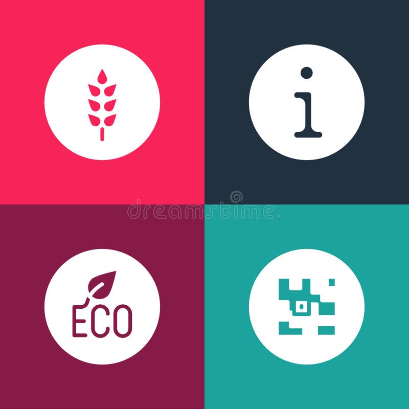 Set Pop Art QR Code, Leaf Eco Symbol, Information and Wheat Icon ...