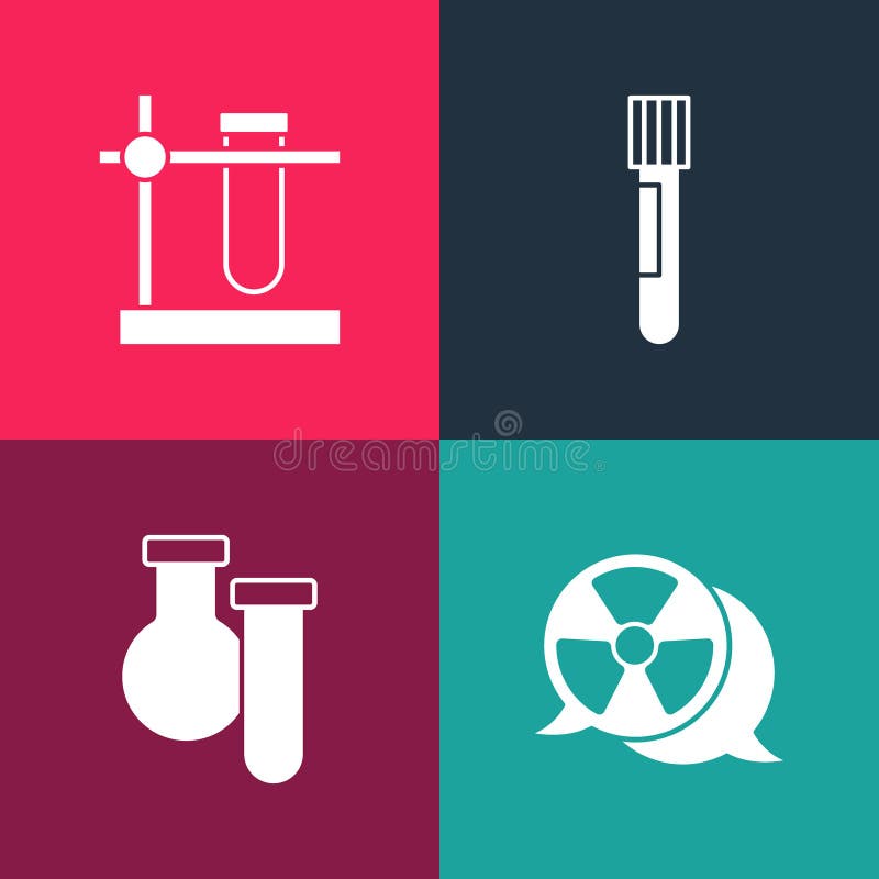 Set Pop Art Radioactive, Test Tube and Flask, and on Stand Icon. Vector ...