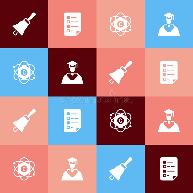 Set Pop Art Ringing Bell, Clipboard with Checklist, Atom and Graduate ...