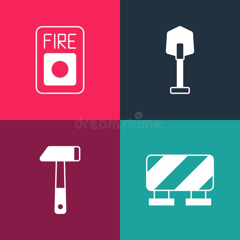 Set Pop Art Road Barrier, Hammer, Fire Shovel and Alarm System Icon ...