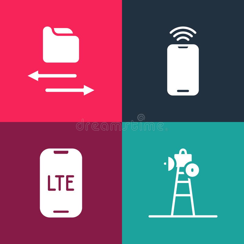 Set Pop Art Satellite Dish, LTE Network, Mobile with Wi-fi Wireless and ...