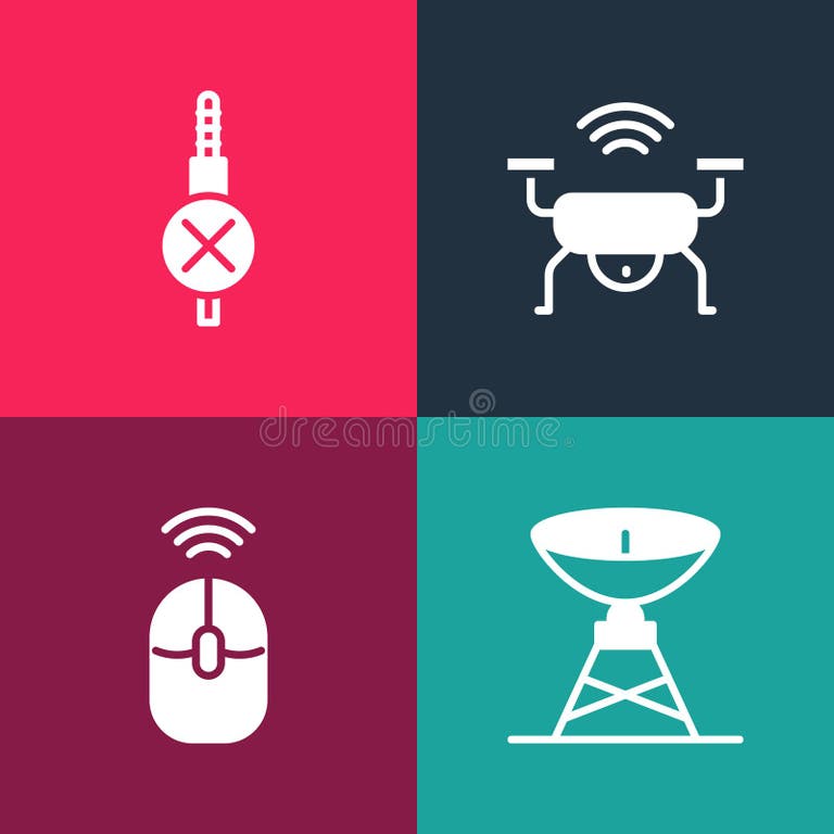 Set Pop Art Satellite Dish, Wireless Computer Mouse, Smart Drone System and No Audio Jack Icon ...