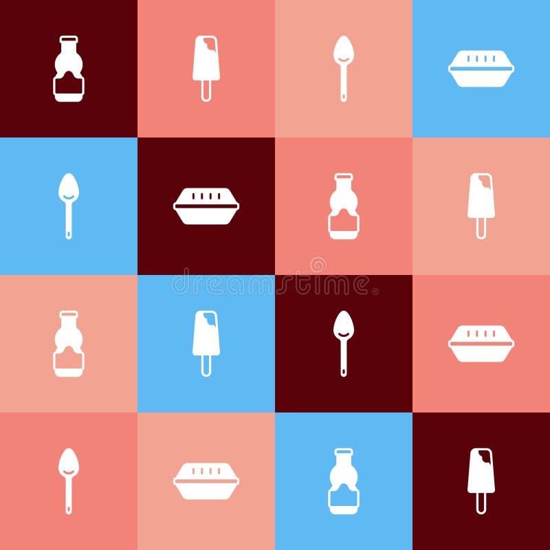 Set Pop Art Sauce Bottle, Ice Cream, Spoon and Lunch Box Icon. Vector ...