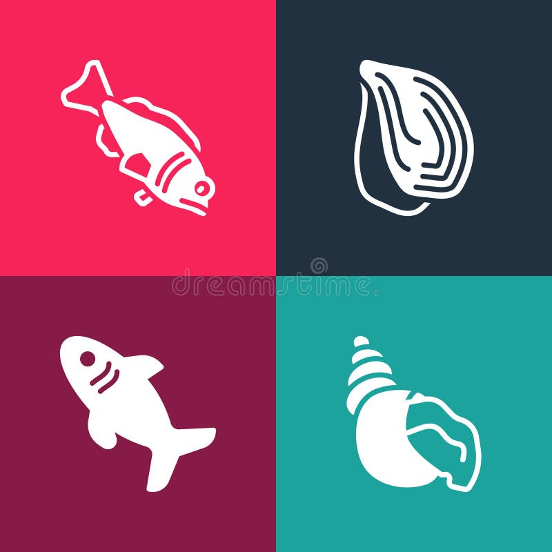 Set Pop Art Scallop Sea Shell, Shark, Mussel and Fish Icon. Vector ...