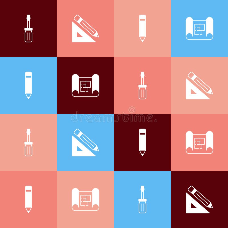 Set Pop Art Screwdriver, Triangular Ruler and Pencil, Pencil with ...