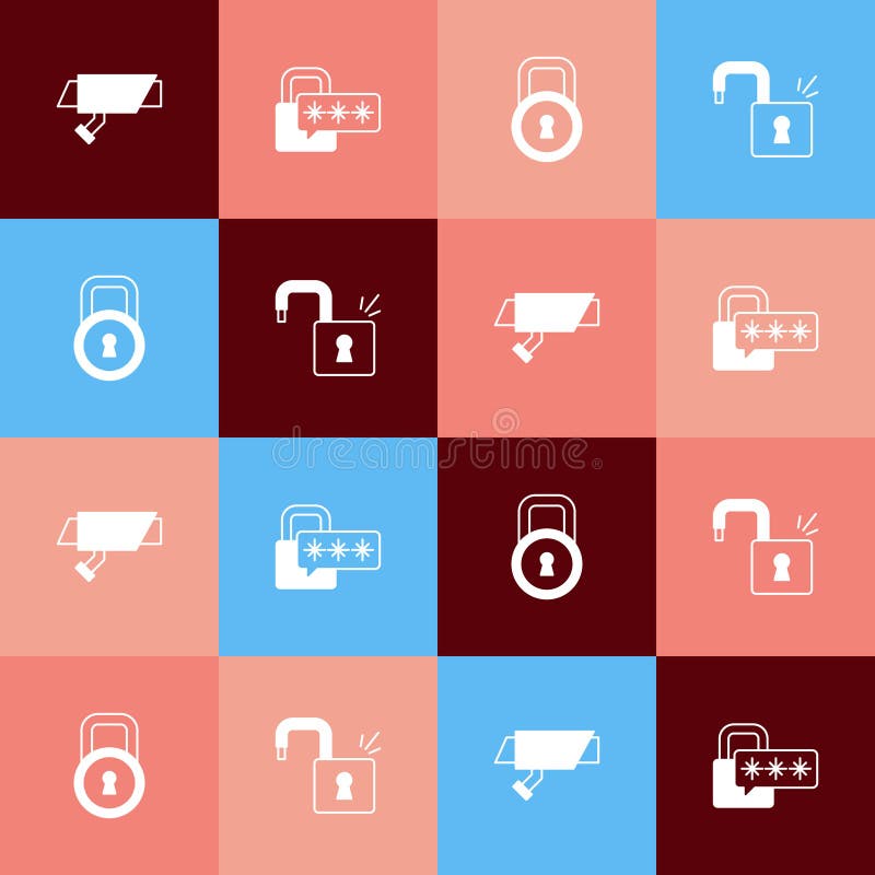 Set Pop Art Security Camera, Cyber Security, Lock and Open Padlock Icon ...