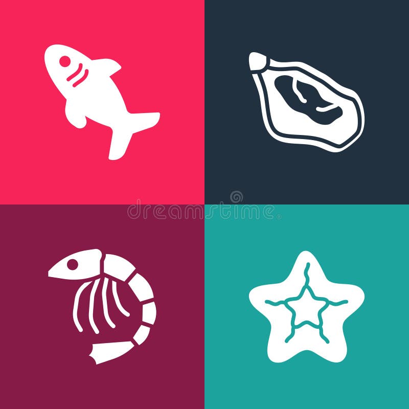 Set Pop Art Starfish, Shrimp, Mussel and Shark Icon. Vector Stock ...