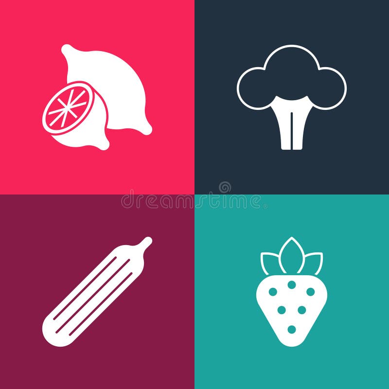 Set Pop Art Strawberry, Fresh Cucumber, Broccoli and Lemon Icon. Vector ...