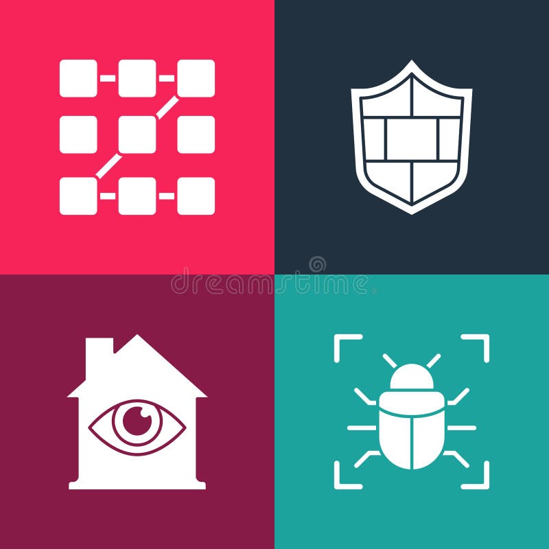 Set Pop Art System Bug, House with Eye Scan, Shield Brick Wall and ... Set Pop Art System Bug, House with Eye Scan, Shield Brick Wall and ...