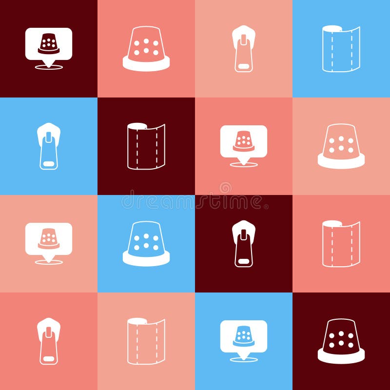 Set Pop Art Thimble for Sewing, Zipper and Textile Fabric Roll Icon ...