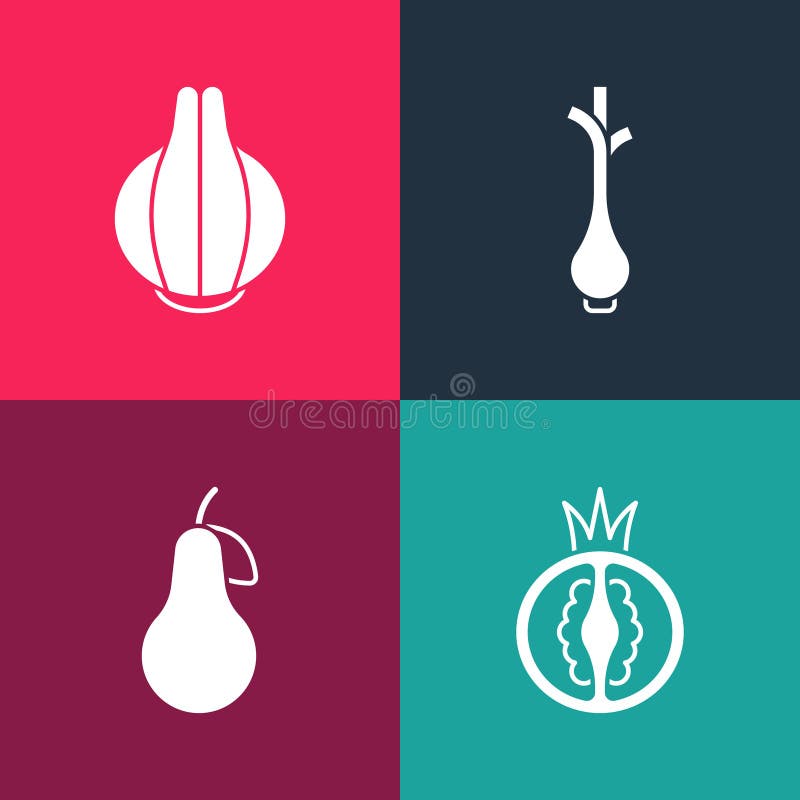 Set Pop Art Tomato, Pear, Fresh Green Onions and Onion Icon. Vector ...