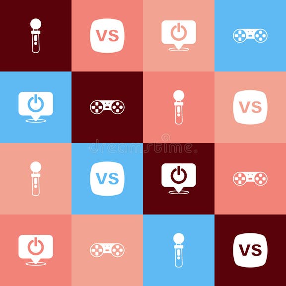 Set Pop Art VR Controller Game, VS Versus Battle, Power Button and Game or Joystick Icon. Vector ...