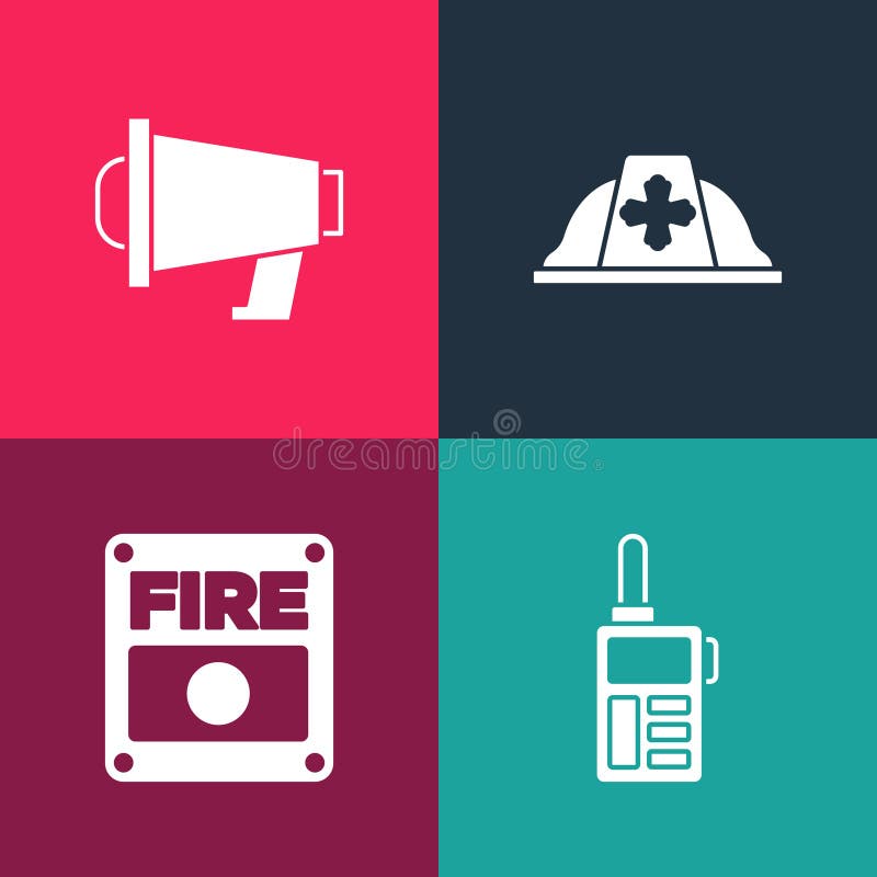 Set Pop Art Walkie Talkie, Fire Alarm System, Firefighter Helmet and ...