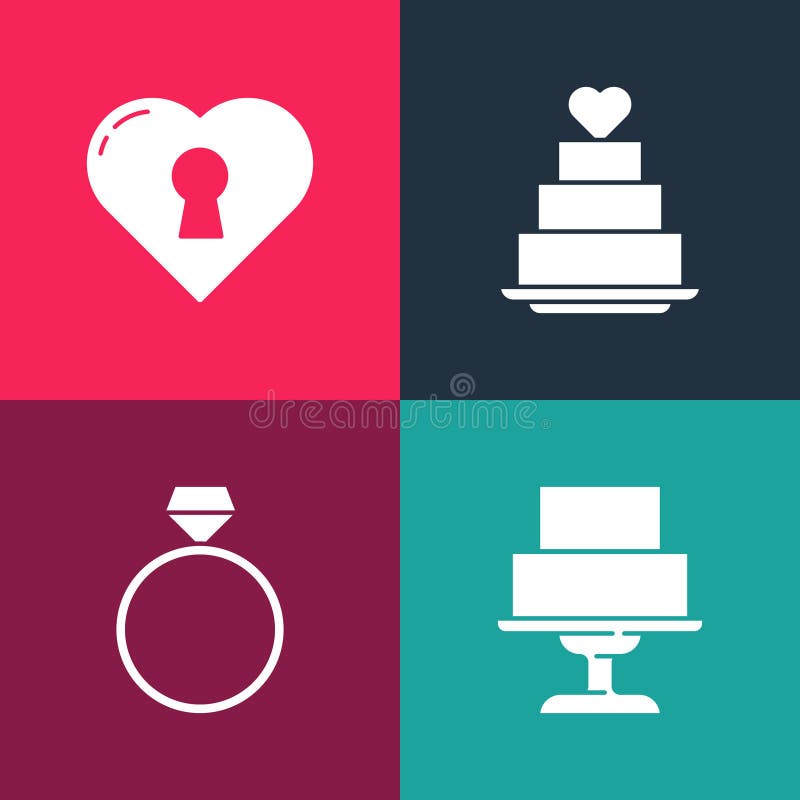 Set Pop Art Wedding Cake, Diamond Engagement Ring, with Heart and Heart ...