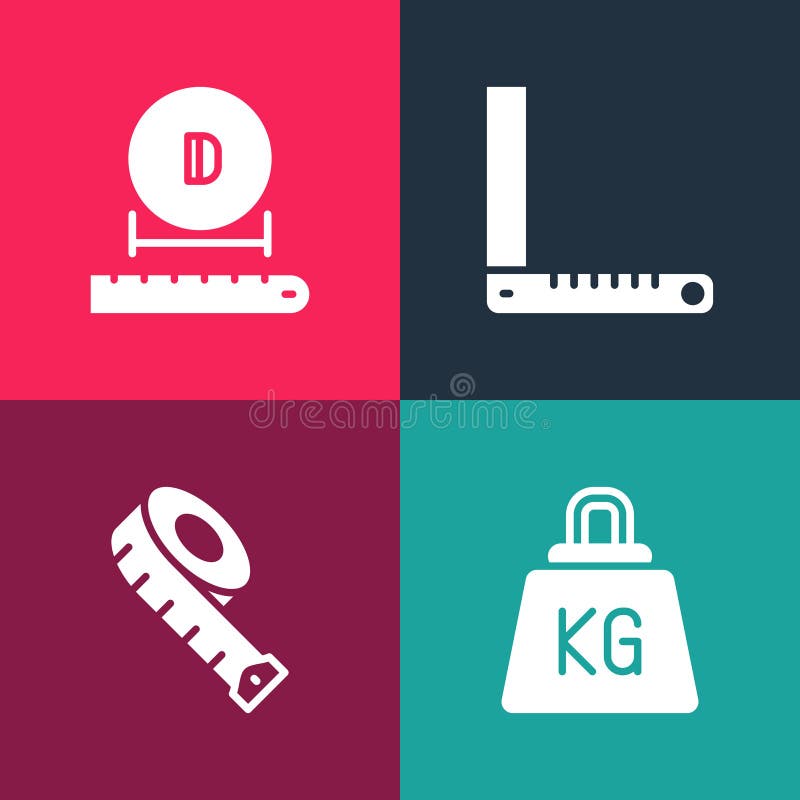 Set Pop Art Weight, Measuring Tape, Corner Ruler and Diameter Icon ...