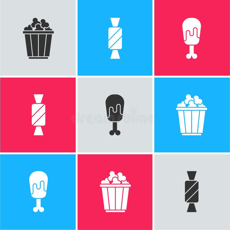 Set Popcorn in Box, Candy and Chicken Leg Icon. Vector Stock Vector ...