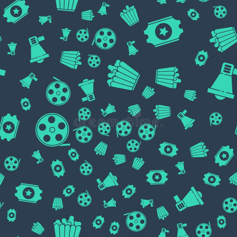 Set Popcorn in Box, Cinema Ticket, Film Reel and Megaphone on Seamless ...