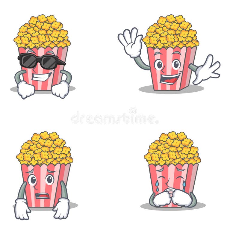 Set of Popcorn Character with Cool Waving Afraid Crying Stock Vector ...