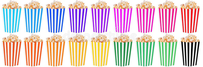 Set of Popcorn in Multi-colored Boxes on Isolate and White Background ...