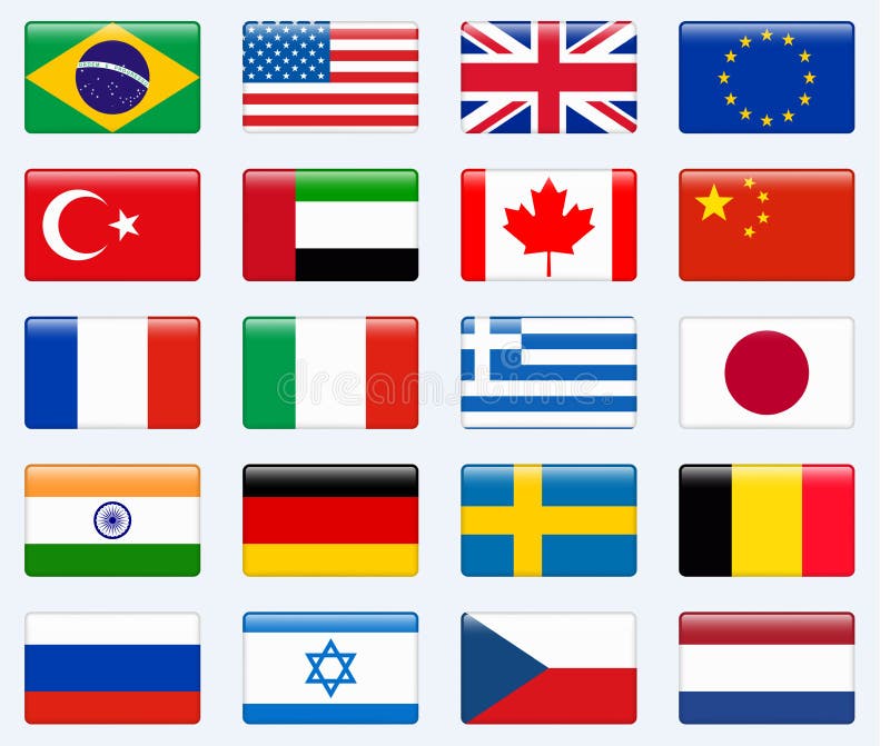 Set of Popular Country Flags. Glossy Rectangle Icon Set. Stock Vector ...
